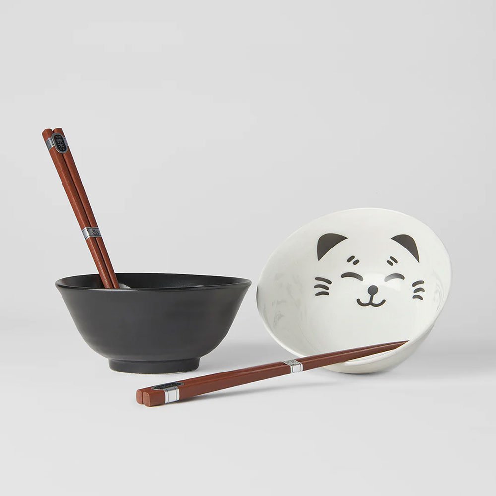 MADE IN JAPAN Black & White Cat Bowl Set - Total Food Equipment NZ